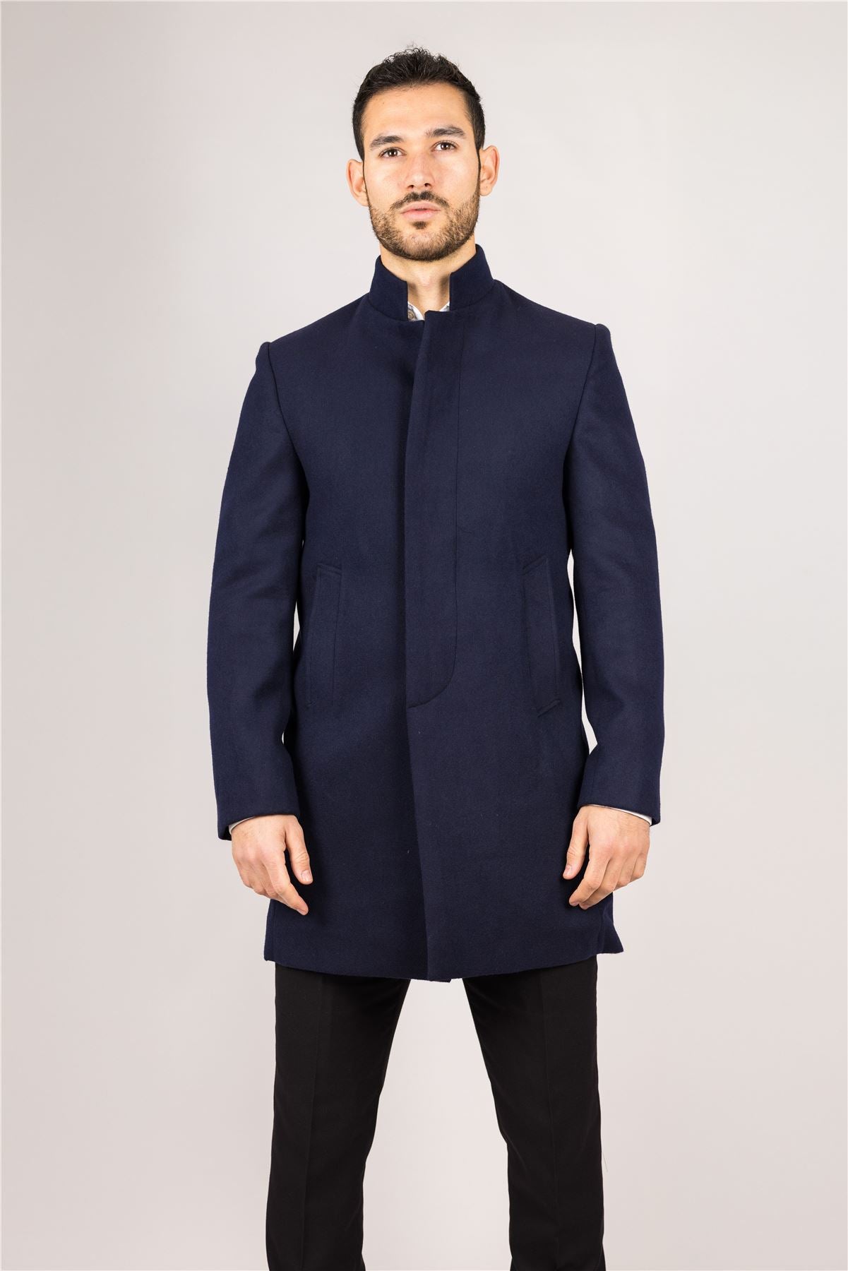Men's Navy Stand Collar Wool Blend Overcoat – Upperclass Fashions